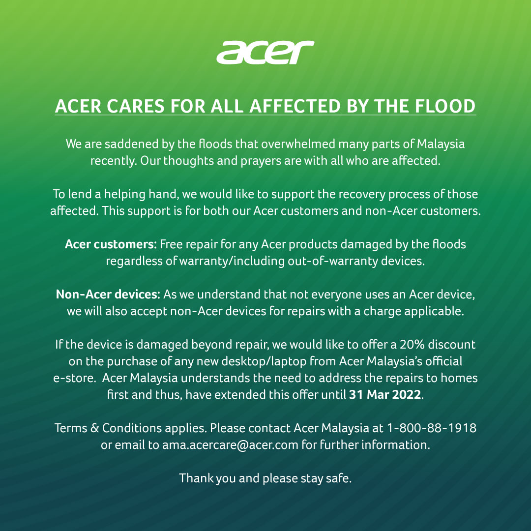 Acer Malaysia Akan Bagi Baik Pulih Produk Yang Terjejas Sebab Banjir