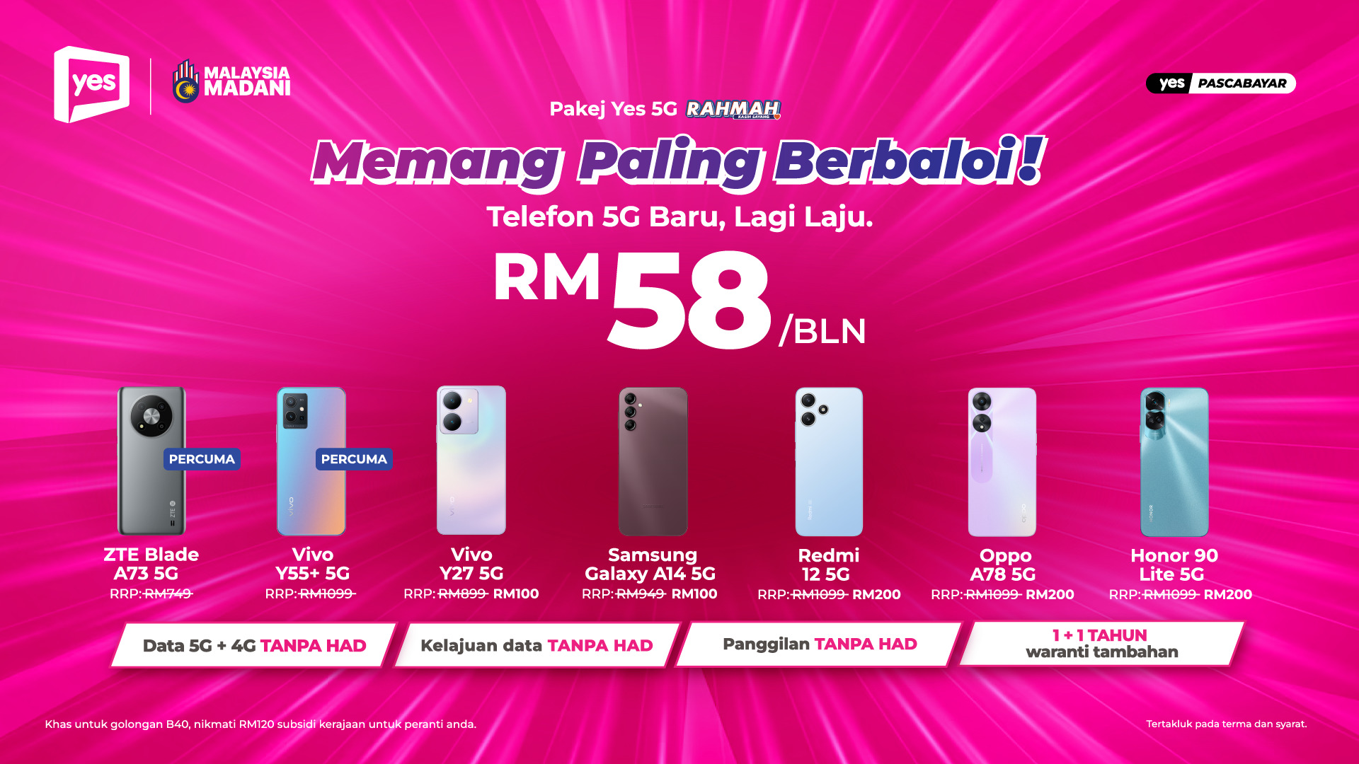 Pakej 5G Rahmah: Yes Tawar RM35 Untuk 100GB, RM58 Untuk Data Tanpa Had