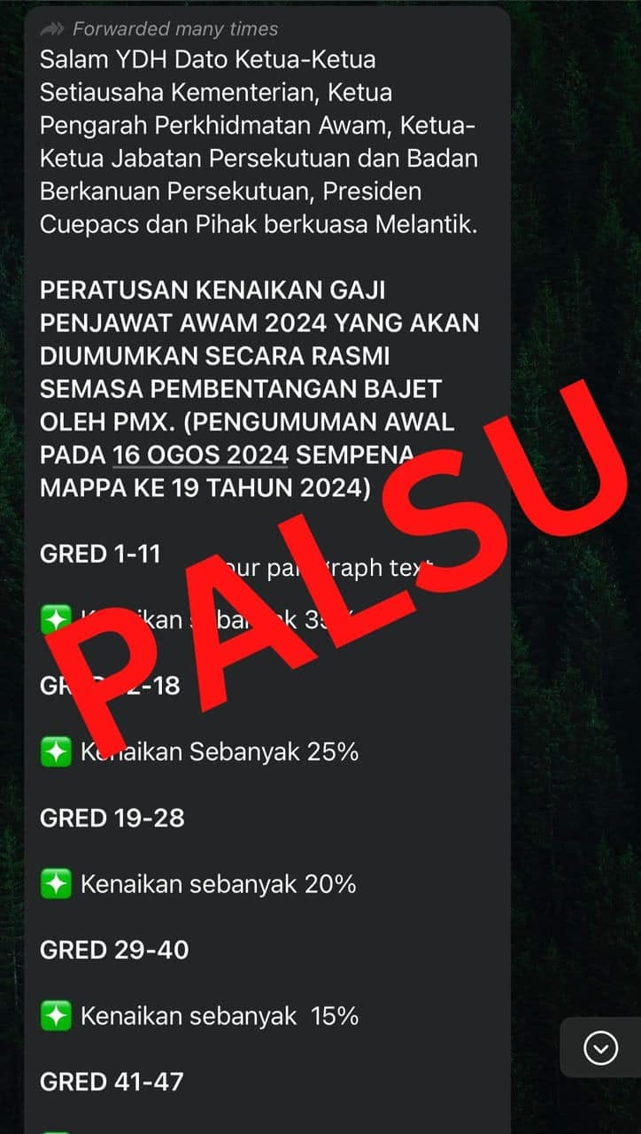 Mesej Tular Kenaikan Gaji Penjawat Awam Adalah Palsu - Kementerian Kewangan