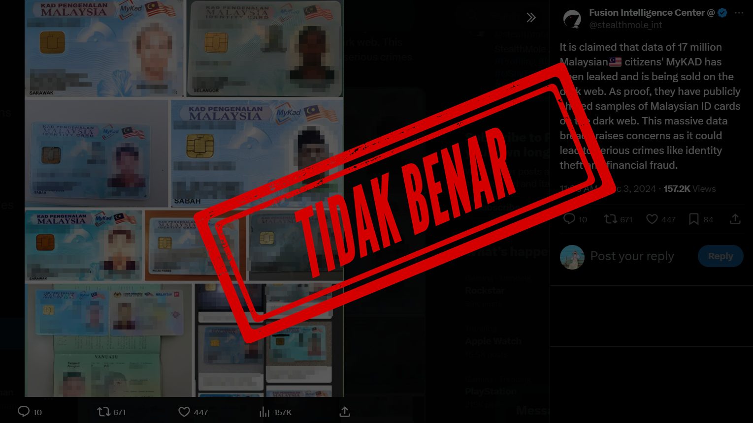 Kerajaan Nafi Dakwaan Kebocoran Data 17 Juta MyKad